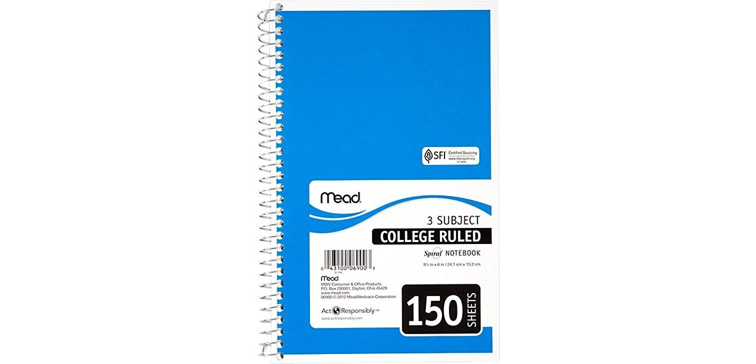 Mead Spiral Bound Notebook White, 3 Subject, College Rule, 6 x 9-1/2, Sold as 6 Pack (06900)