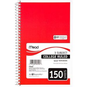 Mead Spiral Bound Notebook White, 3 Subject, College Rule, 6 x 9-1/2, Sold as 6 Pack (06900)