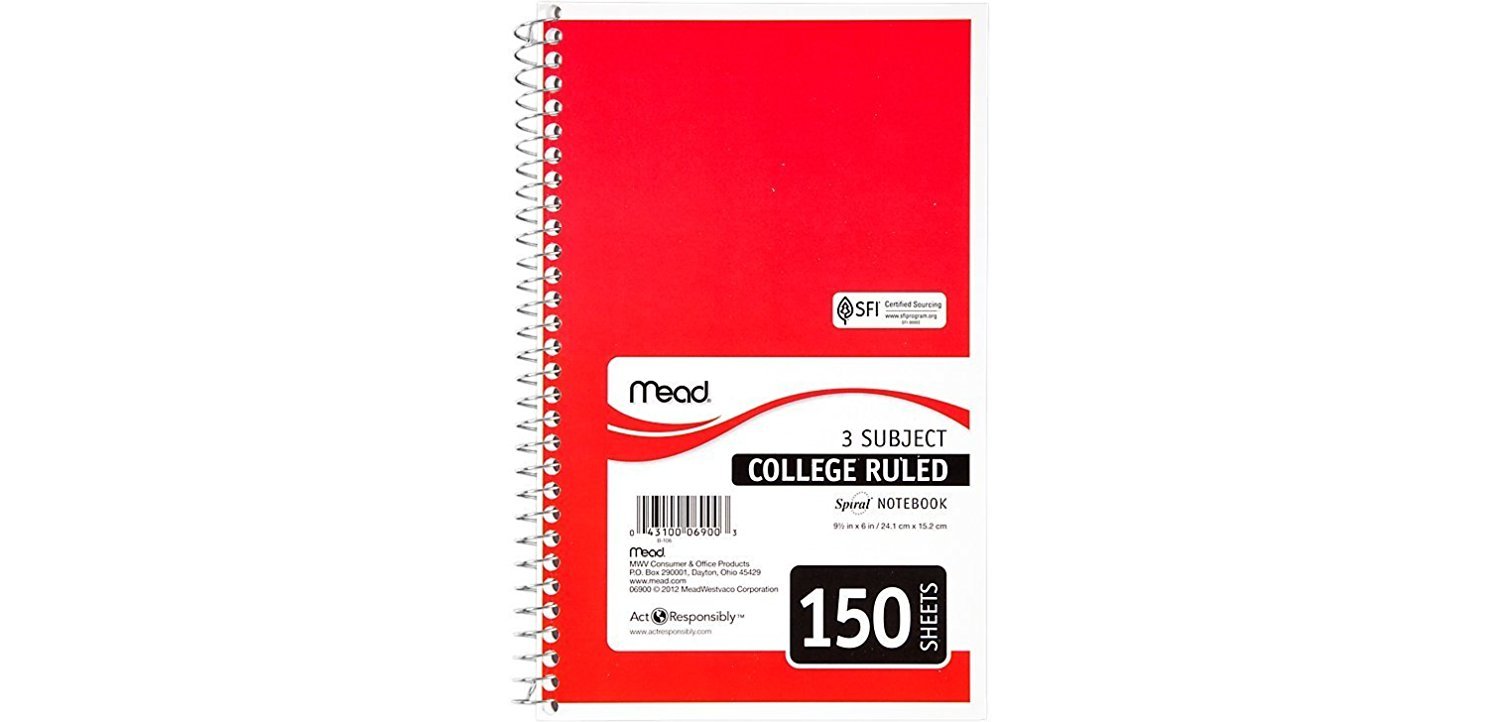 Mead Spiral Bound Notebook White, 3 Subject, College Rule, 6 x 9-1/2, Sold as 6 Pack (06900)