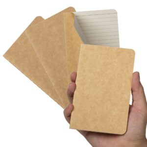 twone pocket notebook, 4 pack softcover small notebook for taking notes, ruled paper, 30 sheets, 3-1/2” x 5-1/2”, kraft brown cover