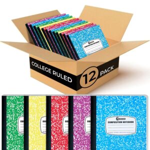 rosmonde 12 pack bulk composition notebooks college ruled, 200 pages (100 sheets), 9-3/4 x 7-1/2, hard cover college ruled notebooks, assorted colors composition notebook for school, colors may repeat