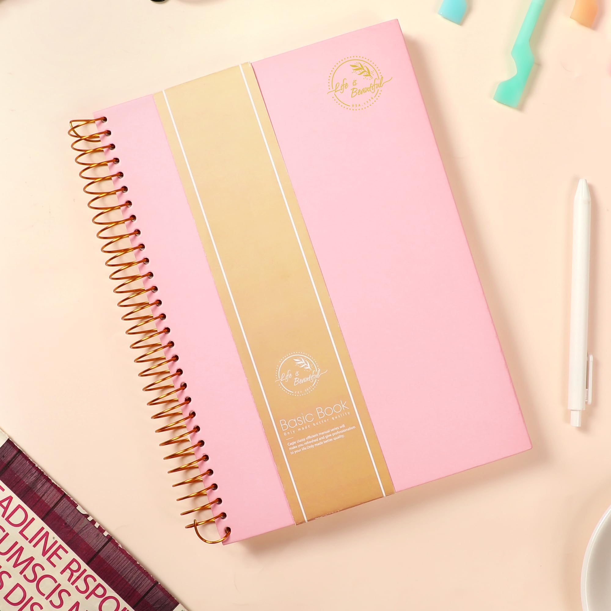 Yoment Hardcover Spiral Notebook,300 Pages College Ruled Notebooks,7” x 10”Large Spiral Journal,B5 Hard Cover Notebooks for Work Writing School,B5 Pink