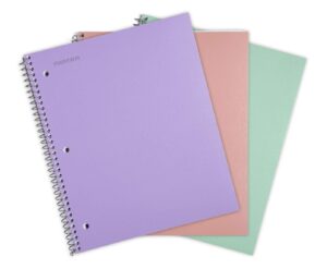 mintra office durable spiral notebooks, 1 subject, (salmon, sage green, lavender, college ruled 3 pack), 100 sheets, poly pocket, moisture resistant cover, strong back, for school, office, business,