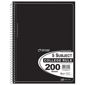 top flight standards 5-subject wirebound notebook, 200 sheets, 3-hole punched, college rule, 10.5 x 8 inches, 1 notebook, color may vary (31820)