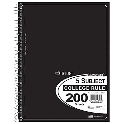 Top Flight Standards 5-Subject Wirebound Notebook, 200 Sheets, 3-Hole Punched, College Rule, 10.5 x 8 Inches, 1 Notebook, Color May Vary (31820)