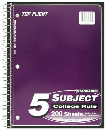 Top Flight Standards 5-Subject Wirebound Notebook, 200 Sheets, 3-Hole Punched, College Rule, 10.5 x 8 Inches, 1 Notebook, Color May Vary (31820)