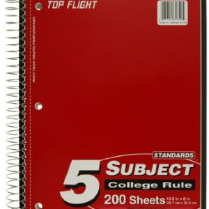 Top Flight Standards 5-Subject Wirebound Notebook, 200 Sheets, 3-Hole Punched, College Rule, 10.5 x 8 Inches, 1 Notebook, Color May Vary (31820)