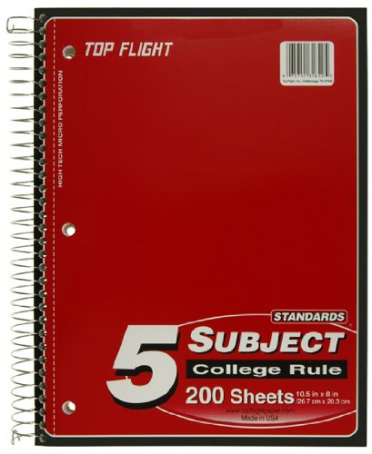 Top Flight Standards 5-Subject Wirebound Notebook, 200 Sheets, 3-Hole Punched, College Rule, 10.5 x 8 Inches, 1 Notebook, Color May Vary (31820)