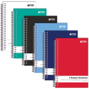 better office products 3 subject spiral notebooks, 9.5 x 5.5 inch, 6 pack, 150 sheet notebook with 2 double-sided pocket dividers, assorted solid color covers (college ruled)