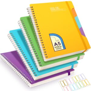 cagie 4 pack spiral notebook 5x7 lined journal notebook college ruled 320 sheets in total, 4 subject a5 spiral notebooks for work school and notes, 8 multicolor tab stickers yellow green blue purple