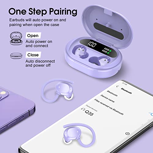 Wireless Earbuds, 2023 New Ultralight Sport Bluetooth 5.3 Headphones In Ear with LED Display, Built-in Mic Earphones, IPX7 Waterproof Wireless Headphones with Earhooks for Gym Workout (Purple)