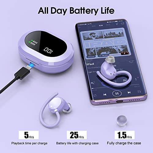 Wireless Earbuds, 2023 New Ultralight Sport Bluetooth 5.3 Headphones In Ear with LED Display, Built-in Mic Earphones, IPX7 Waterproof Wireless Headphones with Earhooks for Gym Workout (Purple)