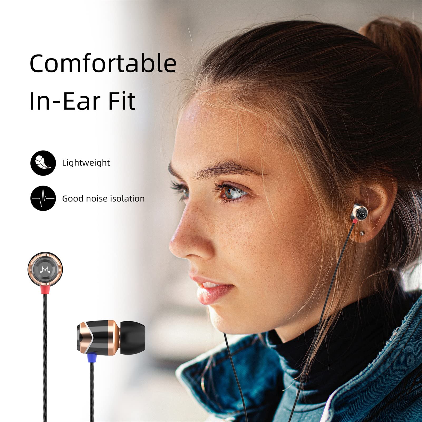 SoundMAGIC E10 Wired Earphones No Microphone HiFi Stereo Earbuds Noise Isolating in Ear Headphones Powerful Bass Tangle Free Cord Black Gold