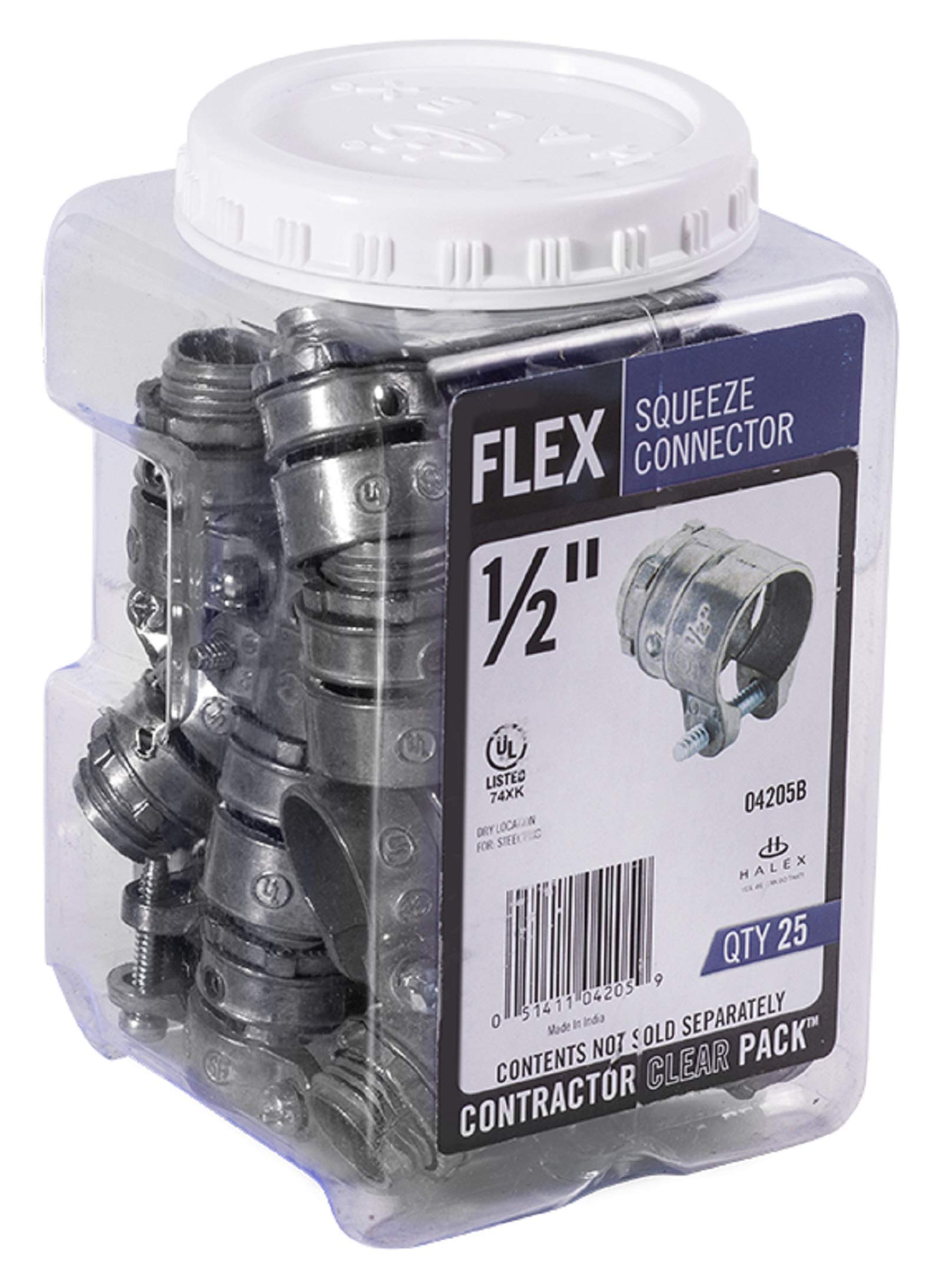 Halex – ½ Inch Flexible Metal Conduit (FMC) Squeeze Connector – 04205B – 25 Per Pack – Silver