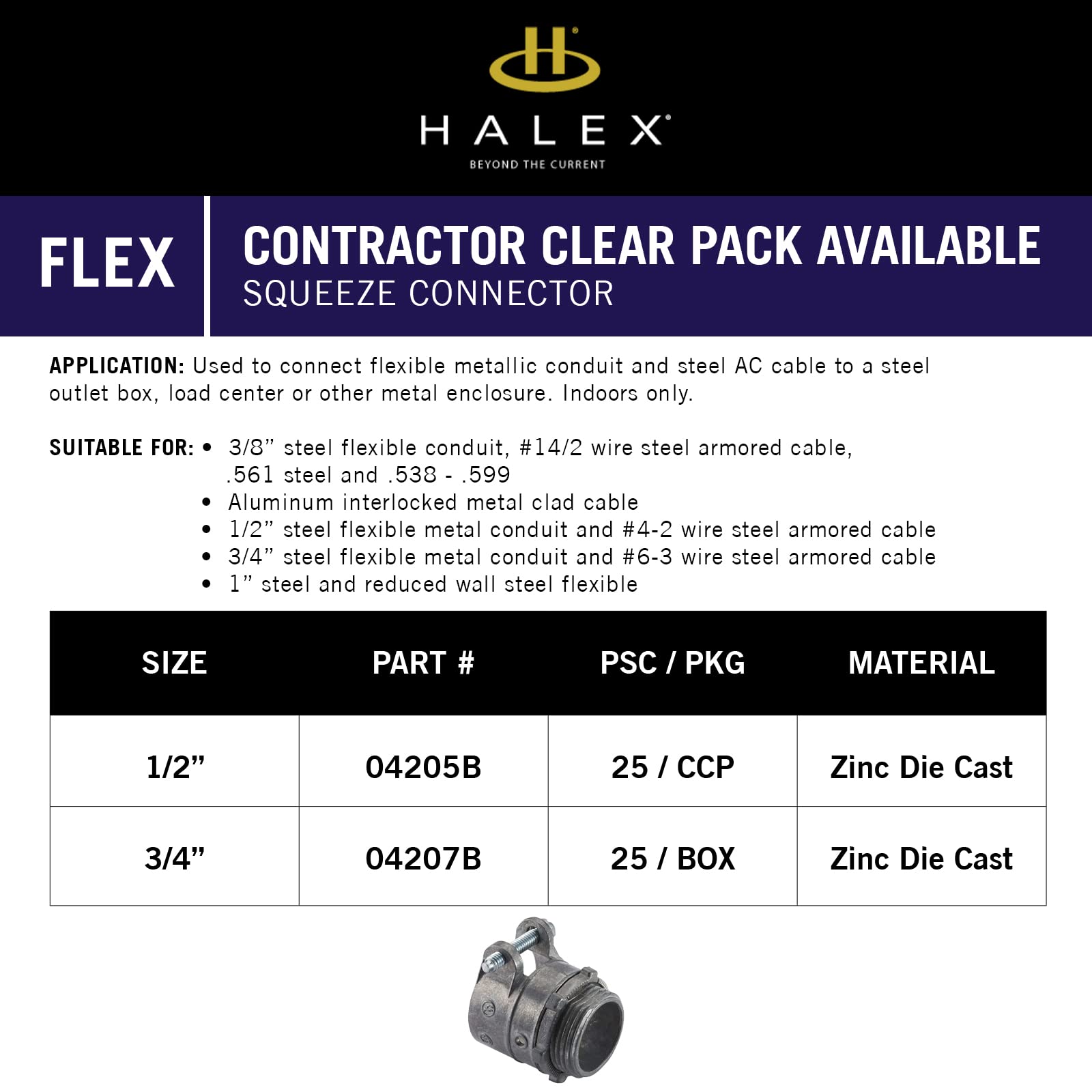 Halex – ½ Inch Flexible Metal Conduit (FMC) Squeeze Connector – 04205B – 25 Per Pack – Silver