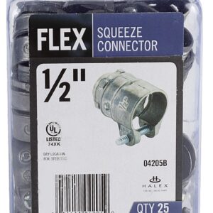 Halex – ½ Inch Flexible Metal Conduit (FMC) Squeeze Connector – 04205B – 25 Per Pack – Silver