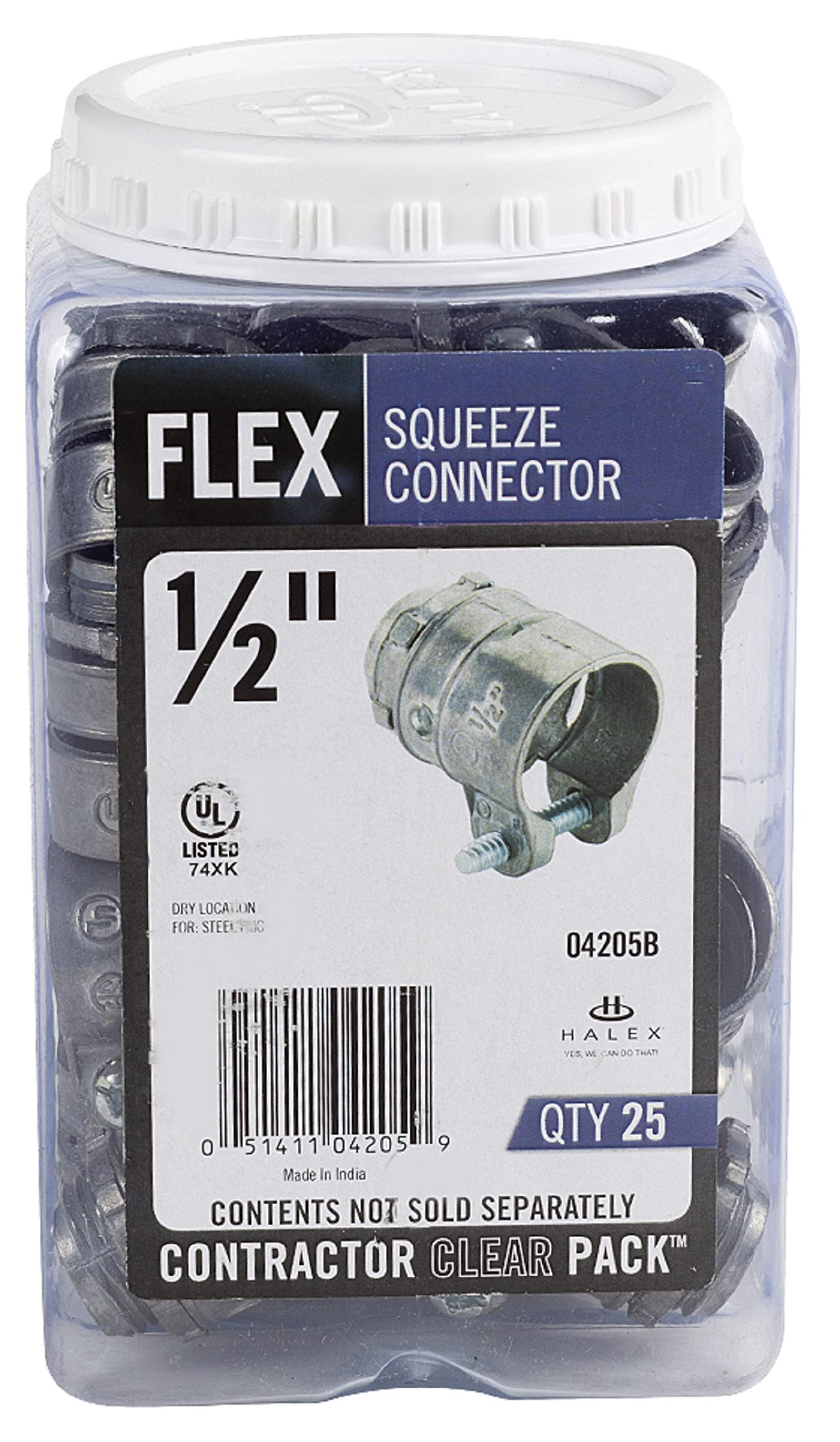 Halex – ½ Inch Flexible Metal Conduit (FMC) Squeeze Connector – 04205B – 25 Per Pack – Silver