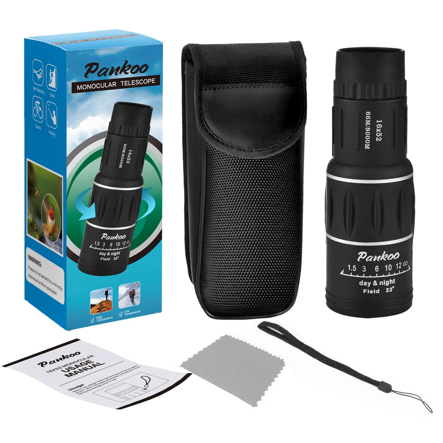 PankooMonocular 16X52 Hd Monocular for Adults-FMC Compact Monocular Handheld monocular Telescope for Birds Watching, Wildlife, Concert,Focus Scope with Wrist Strap, Gifts for Children