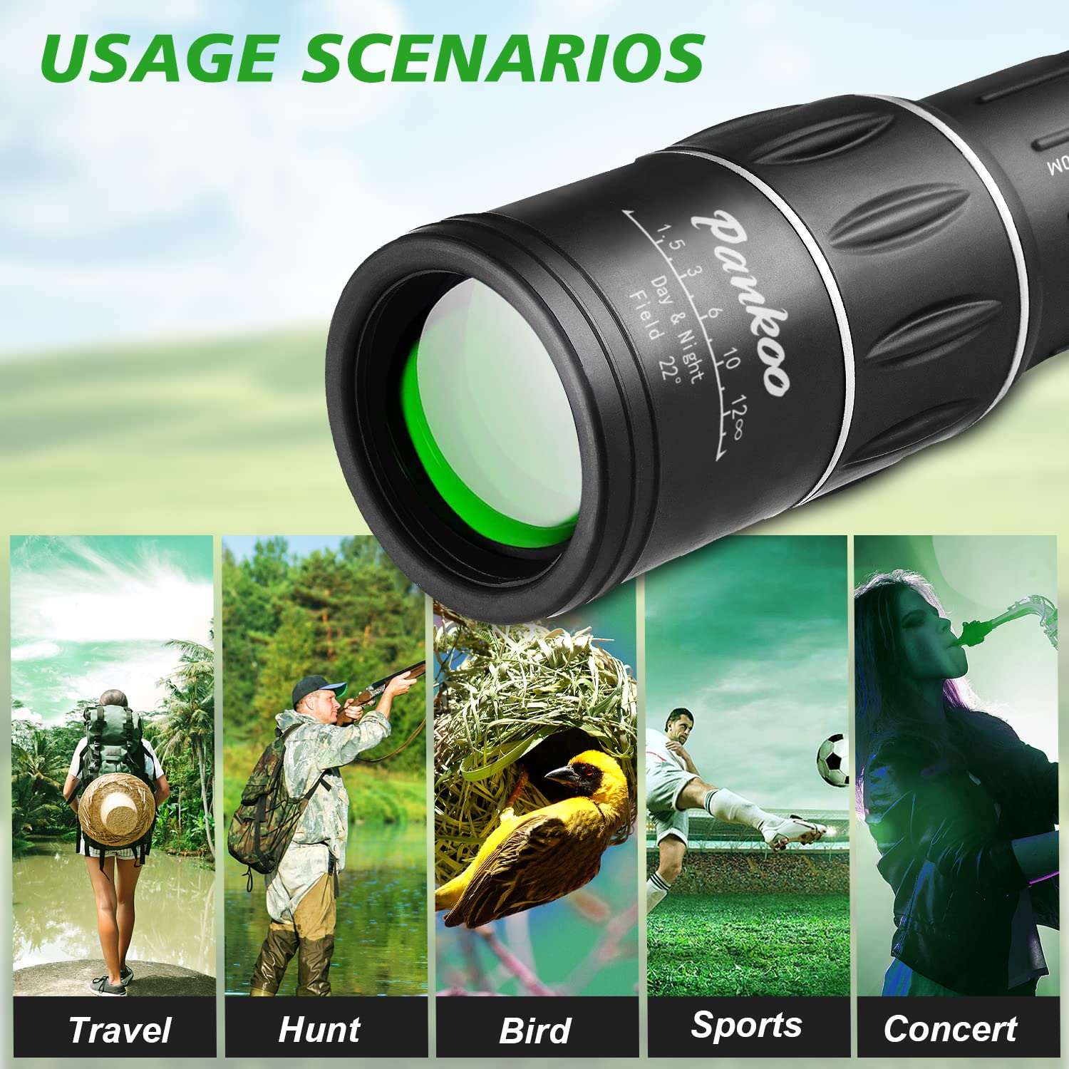 PankooMonocular 16X52 Hd Monocular for Adults-FMC Compact Monocular Handheld monocular Telescope for Birds Watching, Wildlife, Concert,Focus Scope with Wrist Strap, Gifts for Children