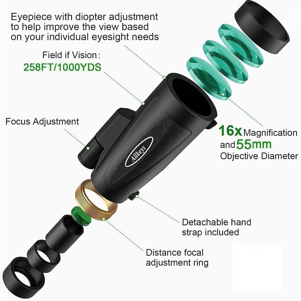 Allkeys HD Monocular Telescope, 16x55 High Power Monocular for Adults with BAK4 Prism & FMC Lens, Day & Low Night Vision, Waterproof Monocular with Upgraded Folding Tripod - Suitable for Bird Watching