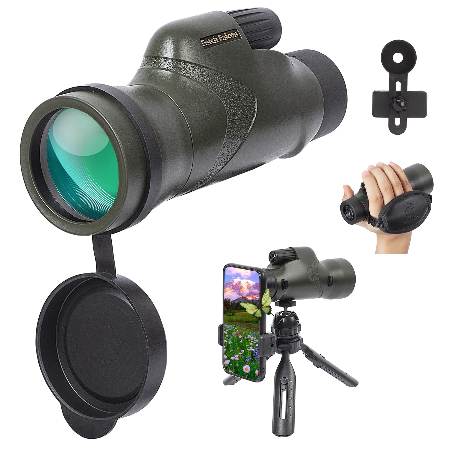 Fetch Falcon12x50 IPX7 Nitrogen Filled BAK4 FMC HD Monoculars(Eyepiece 25.5cm Waterproof Under 1 M Water 30 Minutes Never Leaks) with Phone Holder, Tripod, Hand Strap (HD IPX7 Green)