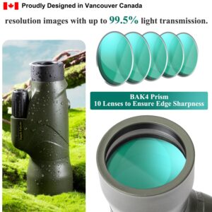 Fetch Falcon12x50 IPX7 Nitrogen Filled BAK4 FMC HD Monoculars(Eyepiece 25.5cm Waterproof Under 1 M Water 30 Minutes Never Leaks) with Phone Holder, Tripod, Hand Strap (HD IPX7 Green)