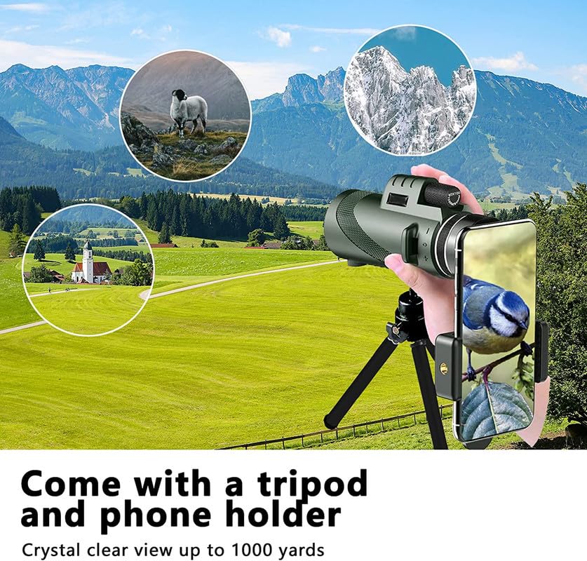 80x100 HD Monocular for Adults High Powered with Smartphone Adapter & Tripod, Monocular-Telescope with BAK4 Prism for Bird Watching, Hunting, Hiking, Outdoor Camping, Travel, Wildlife