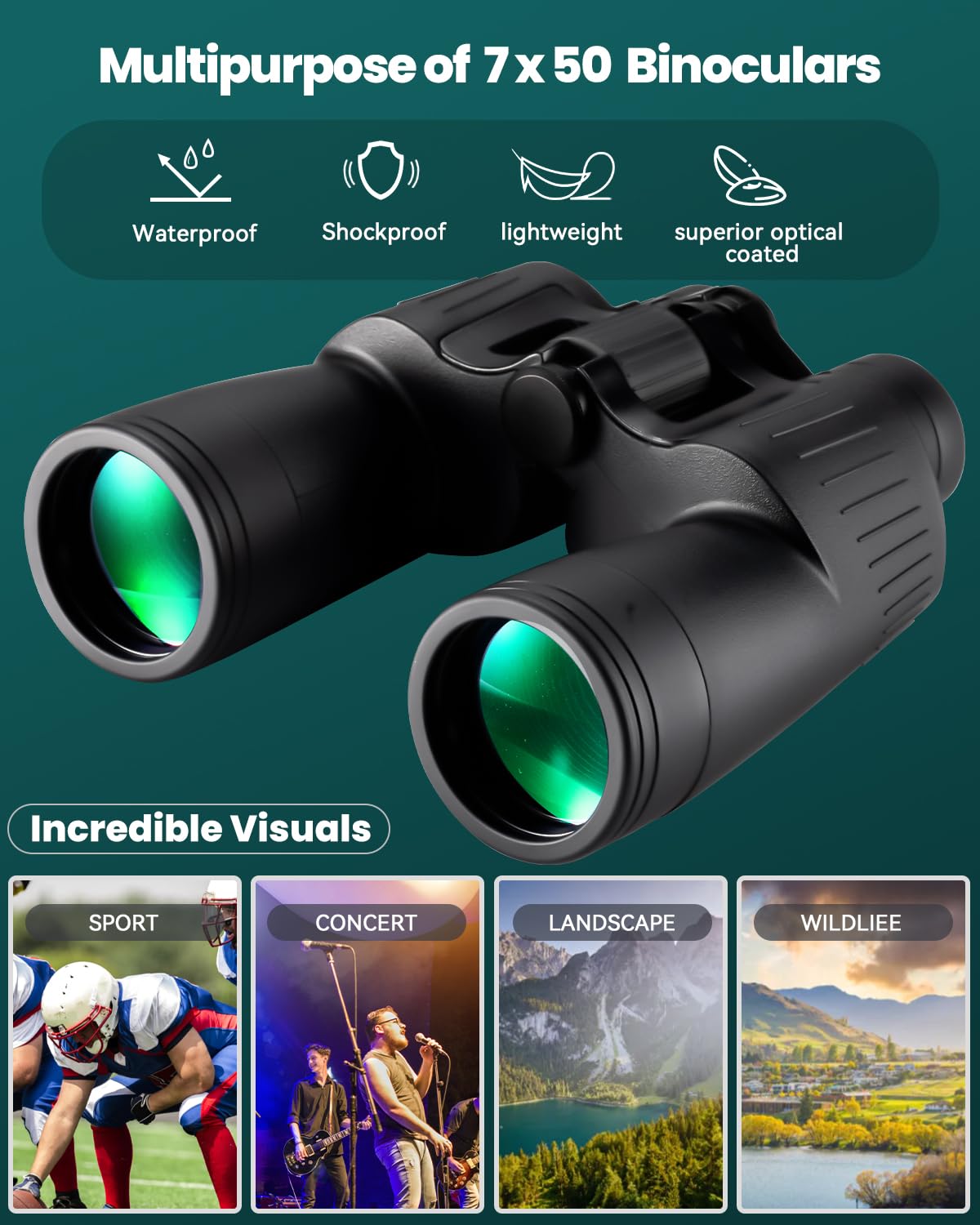 7x50 HD Binoculars High Powered, Large View Binoculars with Clear Low Light Vision-Binoculars for Bird Watching Cruise Travel, Night Vision Binoculars and Waterproof Compact Binoculars for Adults