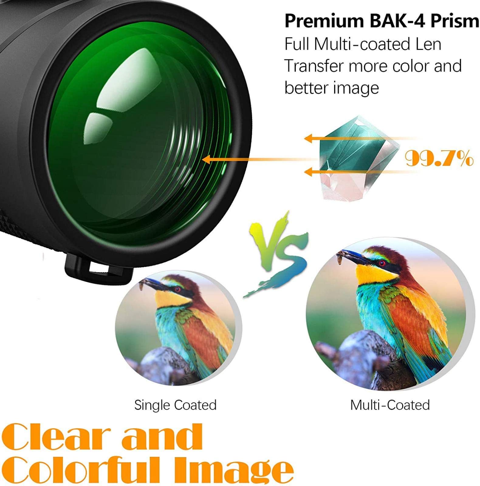 10x22 High Power Life Waterproof Monocular Compact with Smartphone Adapter BAK4 Prism FMC Lens Monocular for Adult Bird Watching, Outdoor Hunting, Travel