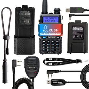 yourush ham radio kit baofeng uv-5r 8w ham radio handheld 3800mah & 2800mah bl-5 extended batteries & foldable antenna 18.7”, speaker mic, usb charger, usb baofeng programming cable baofeng bf-f8hp