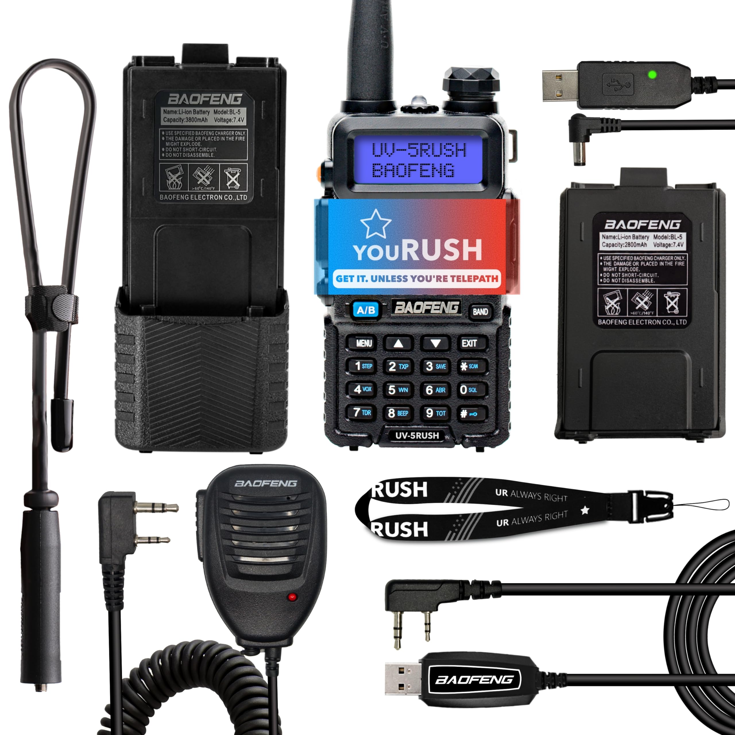 youRUSH Ham Radio Kit Baofeng UV-5R 8W ham radio handheld 3800mAh & 2800mAh BL-5 Extended Batteries & Foldable Antenna 18.7”, Speaker Mic, USB Charger, USB Baofeng programming cable Baofeng BF-F8hp