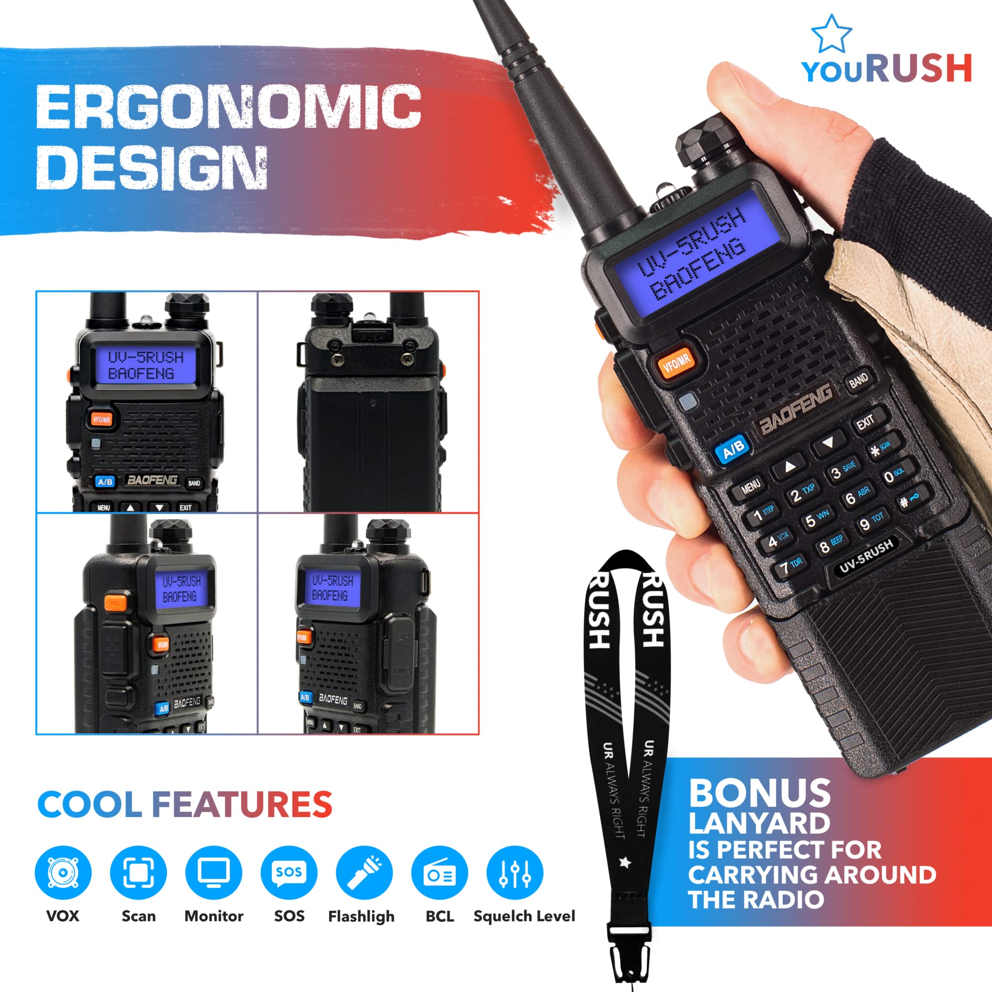 youRUSH Ham Radio Kit Baofeng UV-5R 8W ham radio handheld 3800mAh & 2800mAh BL-5 Extended Batteries & Foldable Antenna 18.7”, Speaker Mic, USB Charger, USB Baofeng programming cable Baofeng BF-F8hp