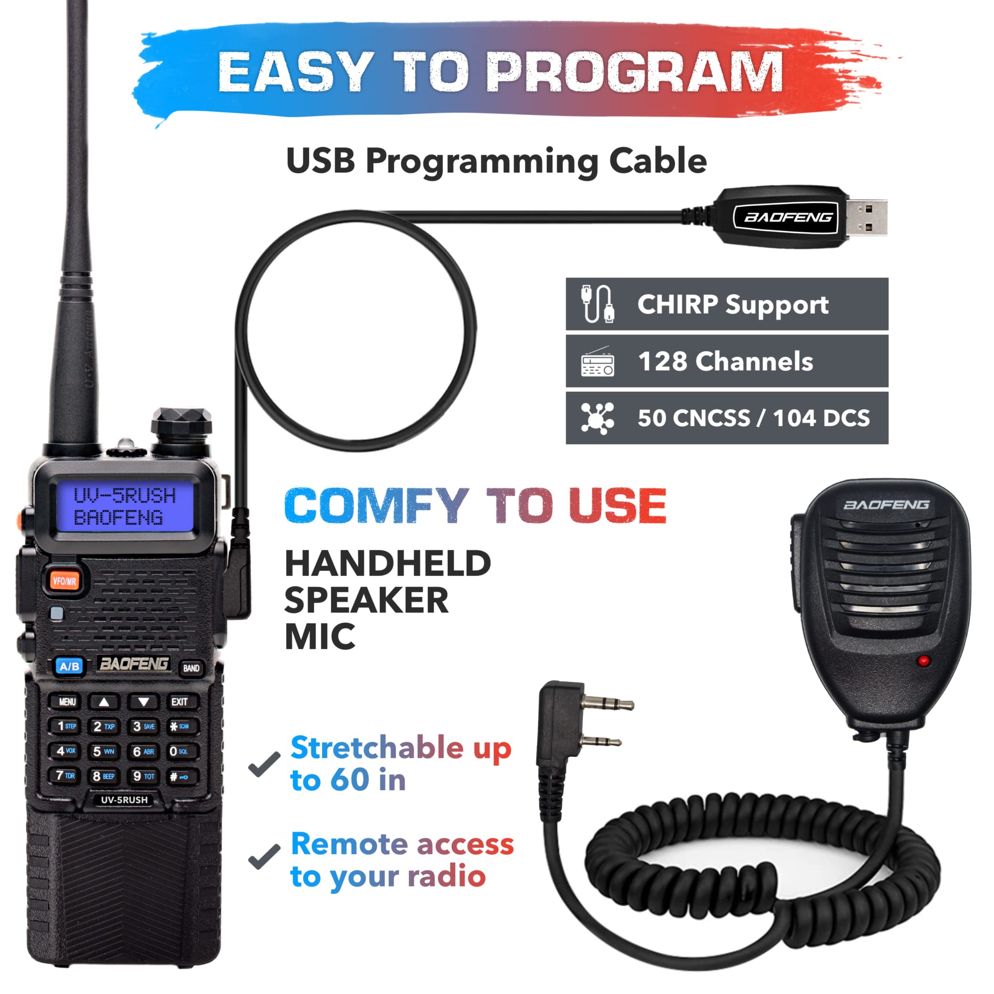 youRUSH Ham Radio Kit Baofeng UV-5R 8W ham radio handheld 3800mAh & 2800mAh BL-5 Extended Batteries & Foldable Antenna 18.7”, Speaker Mic, USB Charger, USB Baofeng programming cable Baofeng BF-F8hp