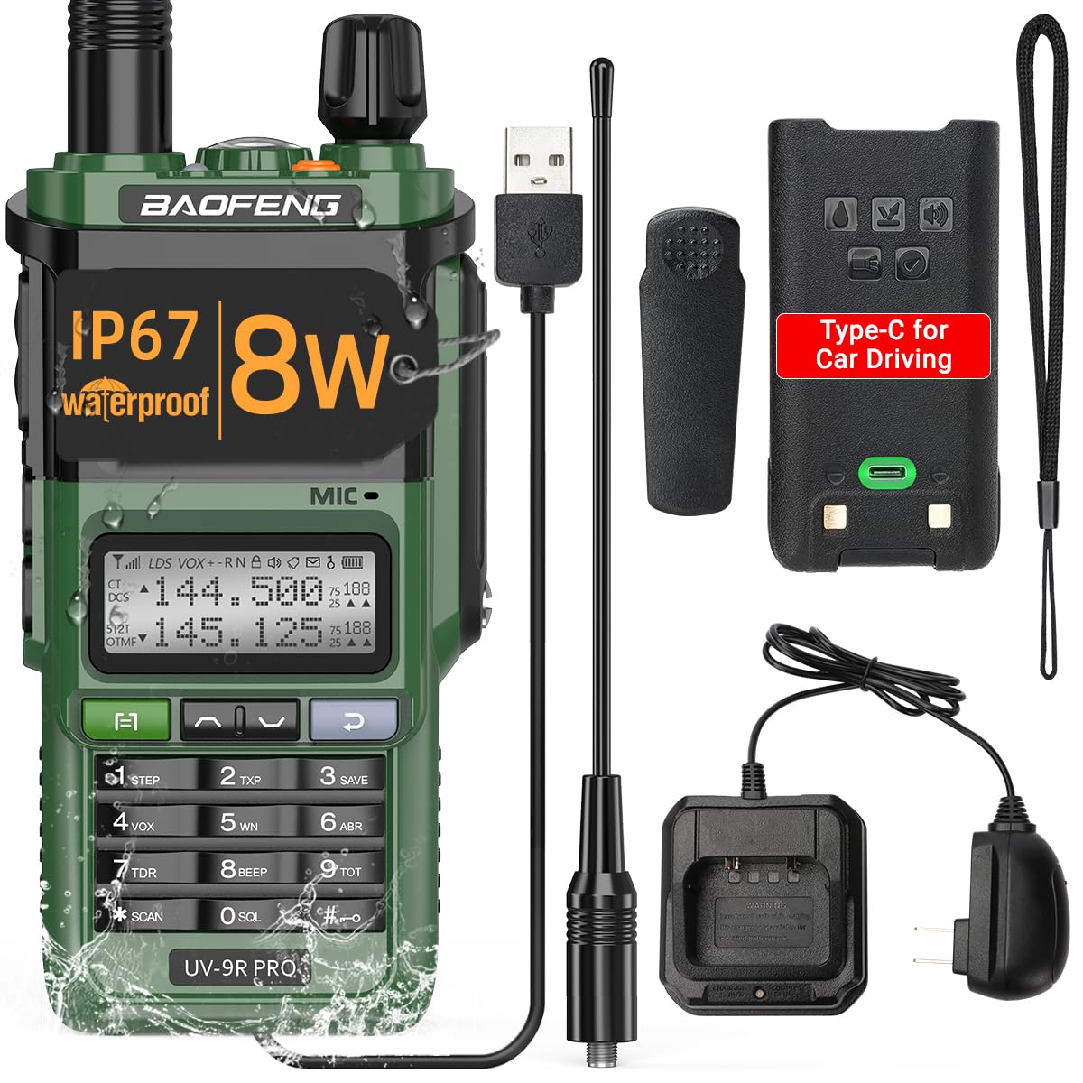 BAOFENG UV-9R Pro 8W Ham Radio Long Range Handheld Dual Band Tri- Power Two-Way Radio Waterproof Transceiver Walkie Talkies Rechargeable with Type-C Charging Cable for Camping Hunting Survival Gear