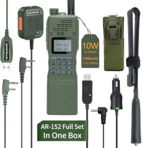 baofeng ar-152 military grade 10 watt ham walkie talkies for adults,long range rechargeable tactical radio with green speaker mic and tactical antenna full baofeng accessories