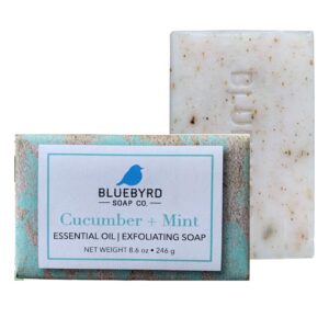 bluebyrd soap co. cucumber & mint exfoliating soap bar, 100% vegan cold press large soap bars, scented with premium essential oils, scrub soap bars for men and women, exfoliate body naturally with oatmeal, shea butter, olive oil, 8.6oz(cucumber & mint)