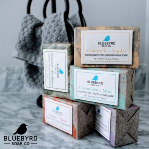 BLUEBYRD Soap Co. Cucumber & Mint Exfoliating Soap Bar, 100% Vegan Cold Press Large Soap Bars, Scented with Premium Essential Oils, Scrub Soap Bars for Men and Women, Exfoliate Body Naturally with Oatmeal, Shea Butter, Olive Oil, 8.6oz(CUCUMBER & MINT)