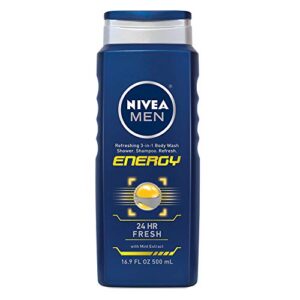 nivea men energy 3-in-1 body wash - shower, shampoo and refresh with invigorating mint extract - 16.9 fl. oz. bottle