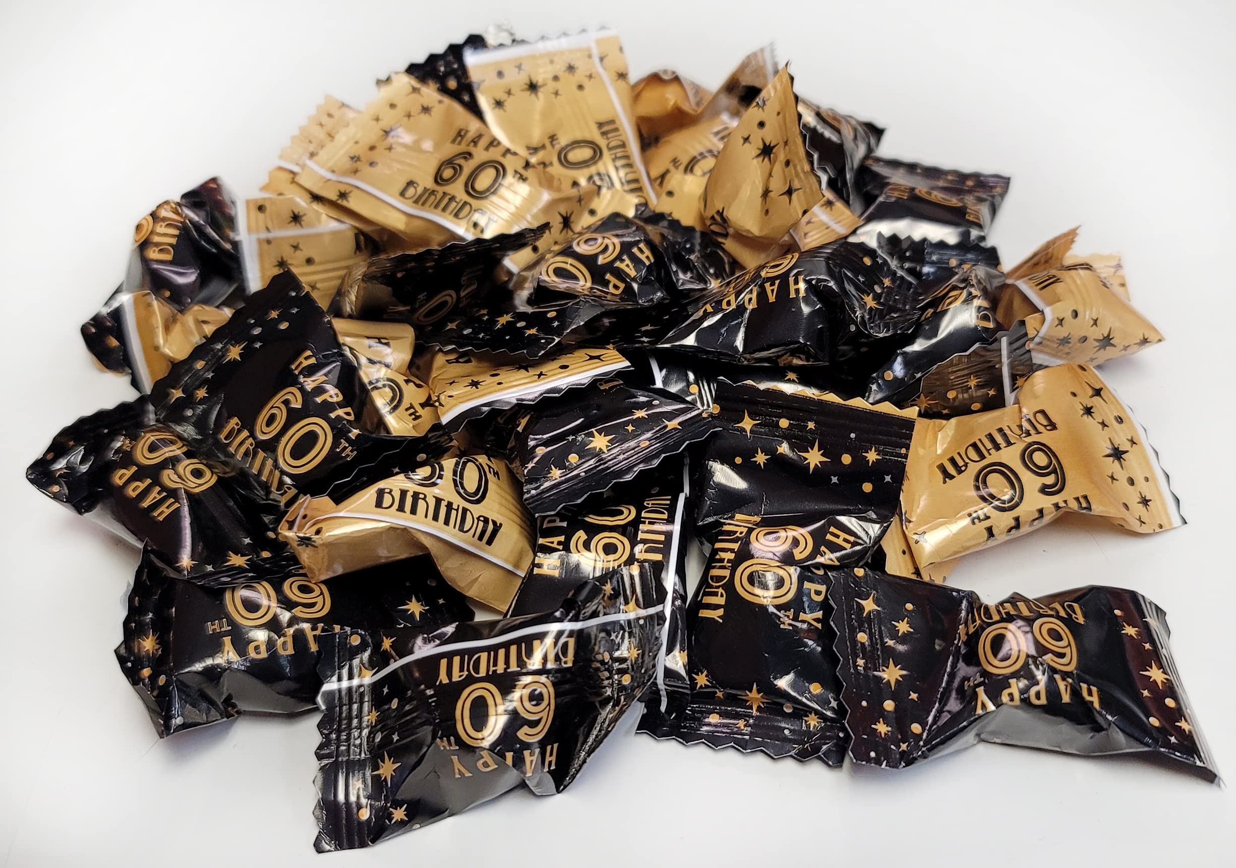 60th Birthday Themed Peppermints Gold & Black 100 Count Wrapped - Mint Candy