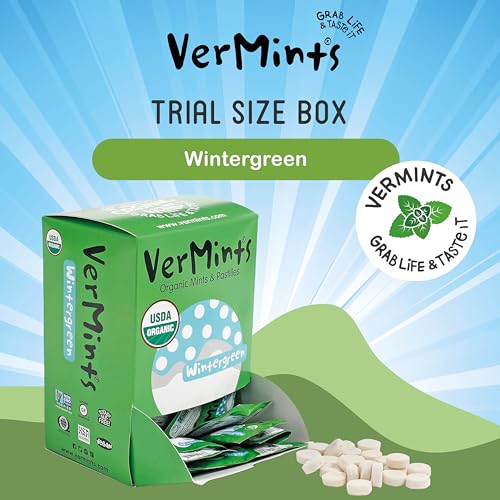 VerMints | Organic | Wintergreen | Breath Mints | 2 pack Individial |100 Count |Trial Size | Breath Mints | Gluten Free | NonGMO | Kosher | Vegan | Nut free