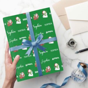 MyPupSocks Custom Text Wrapping Paper Snowman and Mint Green, Personalized Name Wrap Paper Funny Xma Wrapping Paper Roll 58x23 for Boys Girls Kids Men Women Christmas Winter Holiday 3 Rolls