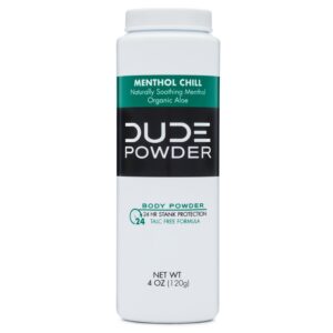 dude body powder - menthol chill 4 ounce bottle natural deodorizers cooling menthol & aloe, talc free formula, corn-starch based daily post-shower deodorizing powder for men, cooling menthol