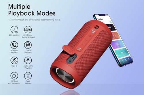 EDUPLINK Bluetooth Speaker, Portable Wireless Speakers, Waterproof IPX7 Speaker, TWS Pairing Stereo, Long Playtime for Home, Travel, Red