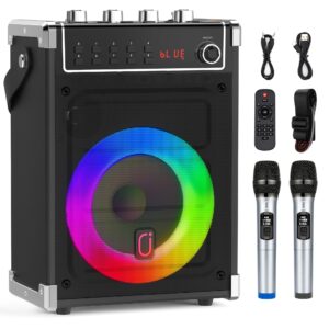 jyx karaoke machine with 2 uhf wireless microphones, bass/treble bluetooth speaker with led light, support tws, aux in, fm, rec, supply for party/adults/kids - black