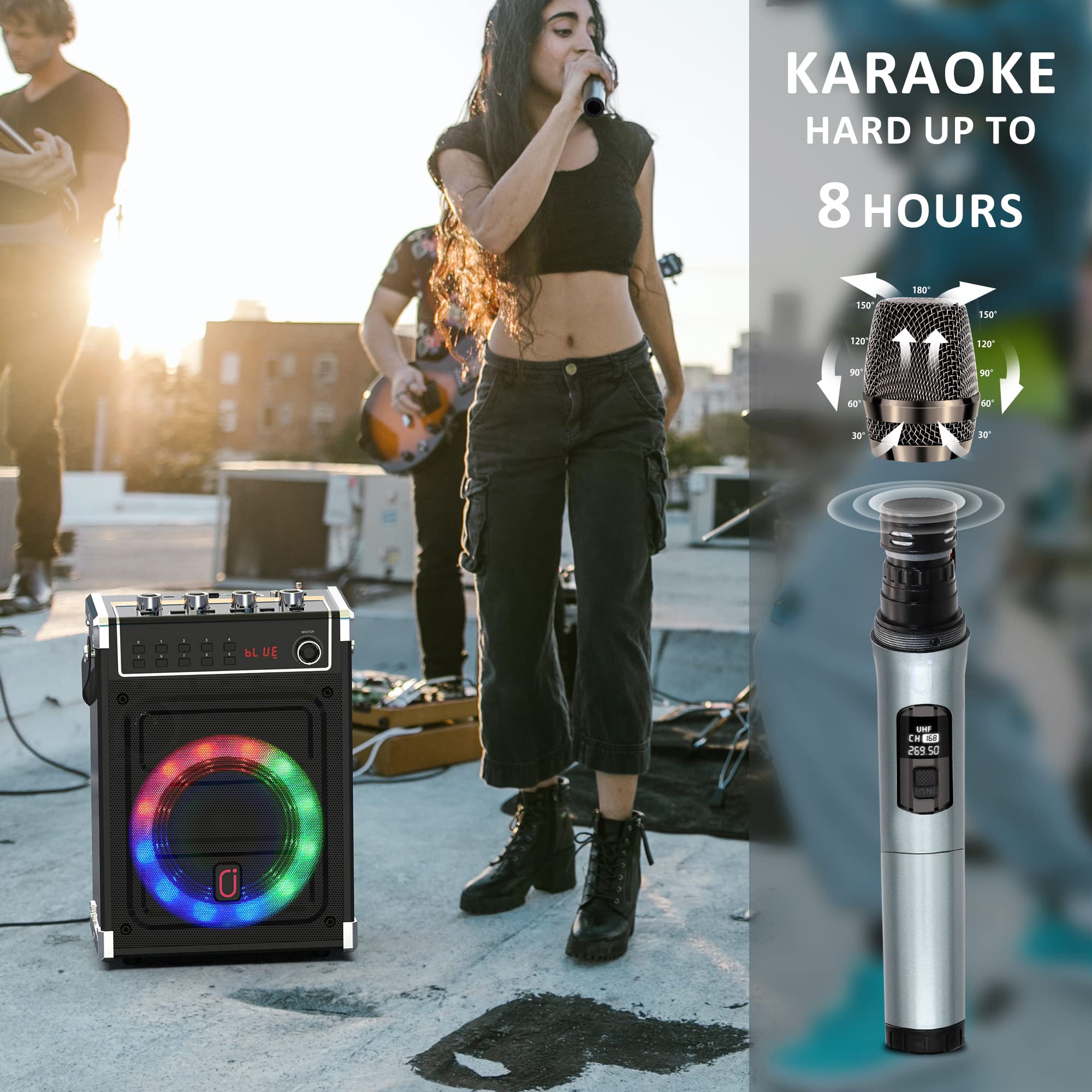 JYX Karaoke Machine with 2 UHF Wireless Microphones, Bass/Treble Bluetooth Speaker with LED Light, Support TWS, AUX In, FM, REC, Supply for Party/Adults/Kids - Black