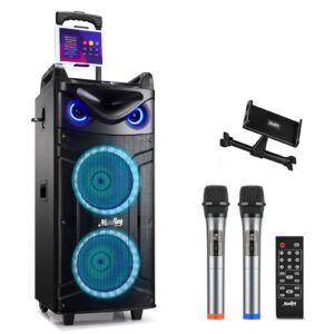 moukey karaoke machine, double 10" woofer pa system for party, portable bluetooth speaker with 2 wireless microphone, disco lights and echo/treble/bass adjustment, support tws/rec/aux/mp3/usb/tf/fm