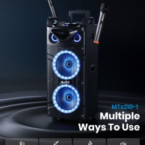 Moukey Karaoke Machine, Double 10" Woofer PA System for Party, Portable Bluetooth Speaker with 2 Wireless Microphone, Disco Lights and Echo/Treble/Bass Adjustment, Support TWS/REC/AUX/MP3/USB/TF/FM