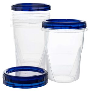 plasticpro [32 oz 3 pack] twist top deli containers clear bottom with blue top twist on lids reusable, stackable, food storage freezer container