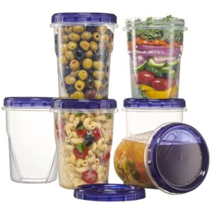 plasticpro 6 pack twist cap food storage containers with blue screw on lid- 32 oz reusable meal prep containers - freezer and microwave safe blue plastic food storage