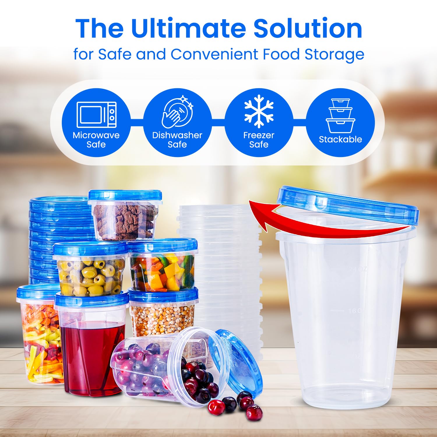 RFAQK 48 PCS Freezer Storage Containers with Twist Top Lids-(32OZ & 16OZ) 24 Plastic Deli Containers with 24 Screw Lids-Soup Freezer Containers with Lids-Meal Prep Reusable Box for Lunch and Gym